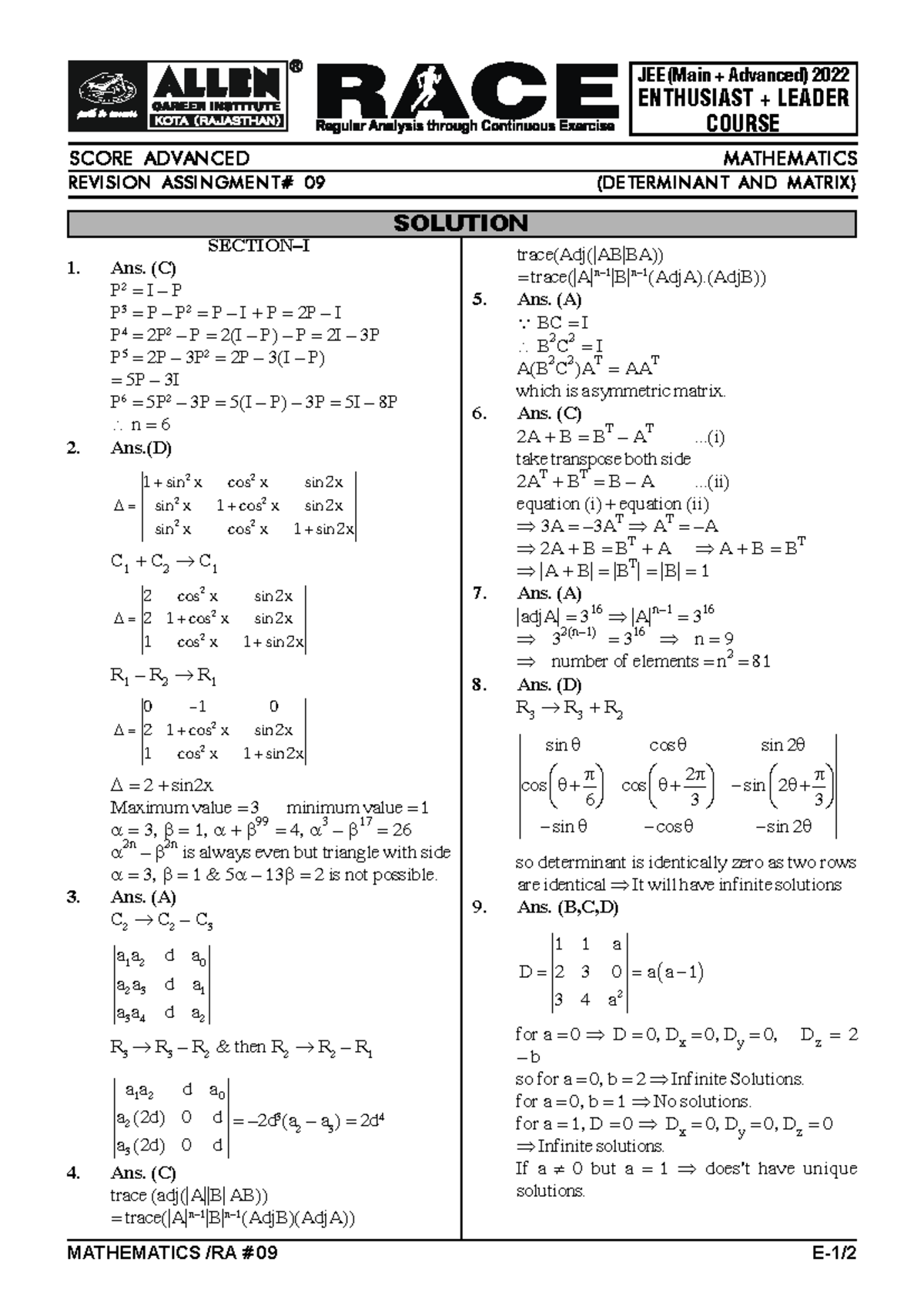 09 RA Determinant and Matrix Sol - MATHEMATICS /RA # 09 E-1/ JEE (Main ...