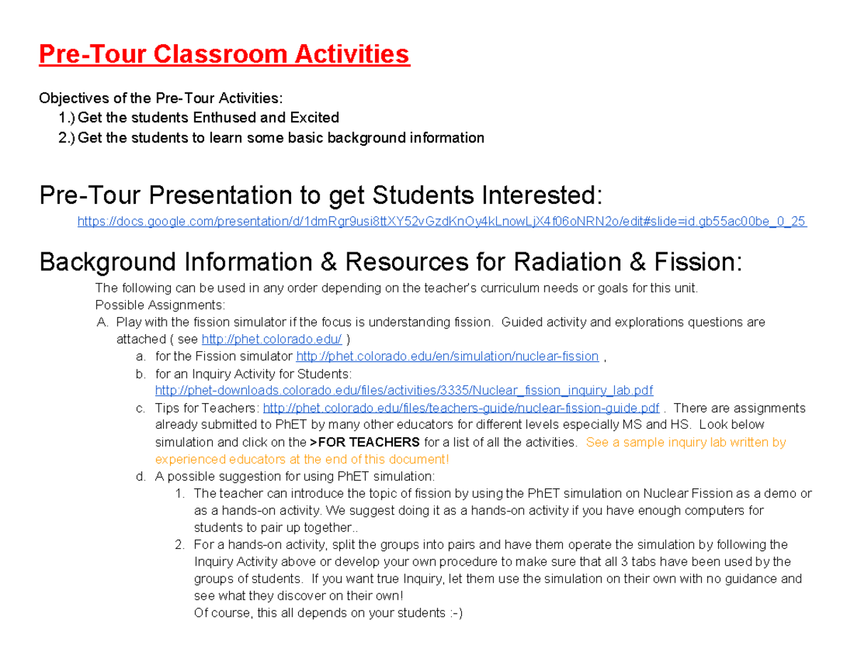 1 Nuclear Reactor Tour Prep - Pre-Tour Classroom Activities Objectives ...