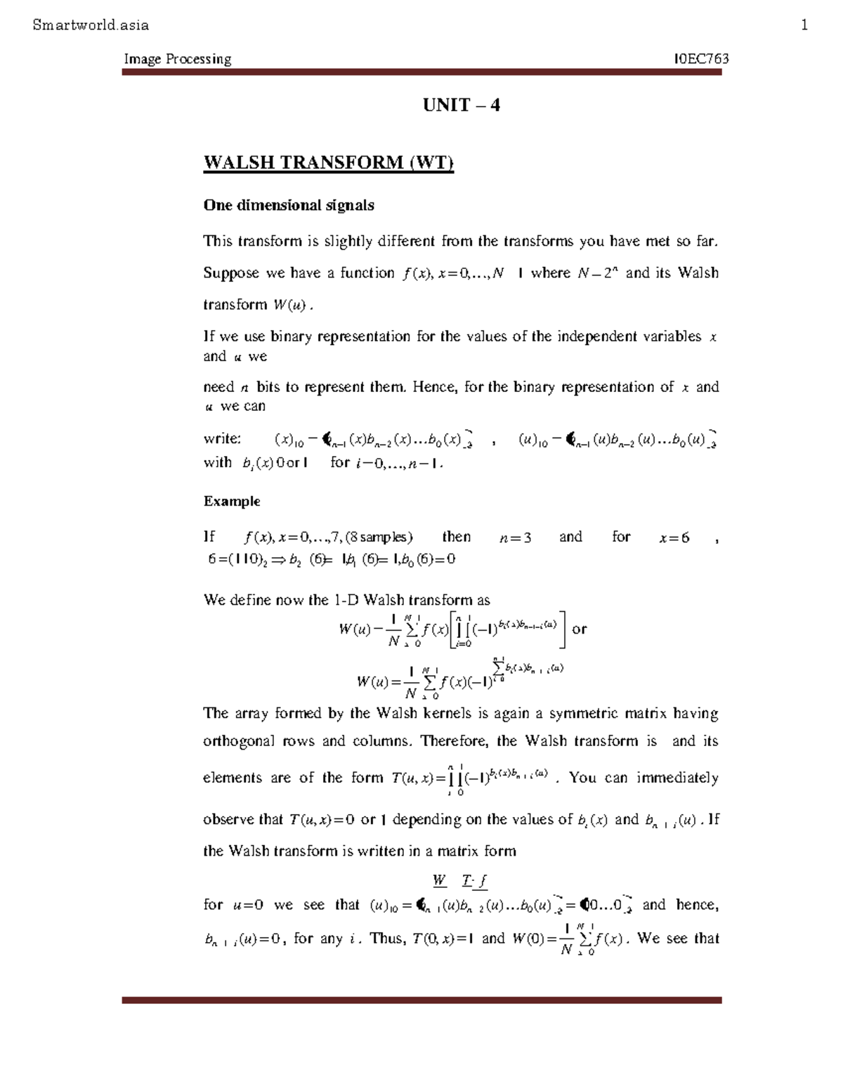 ECE-VII- Image Processing U4 - Image Processing 10EC UNIT – 4 WALSH ...