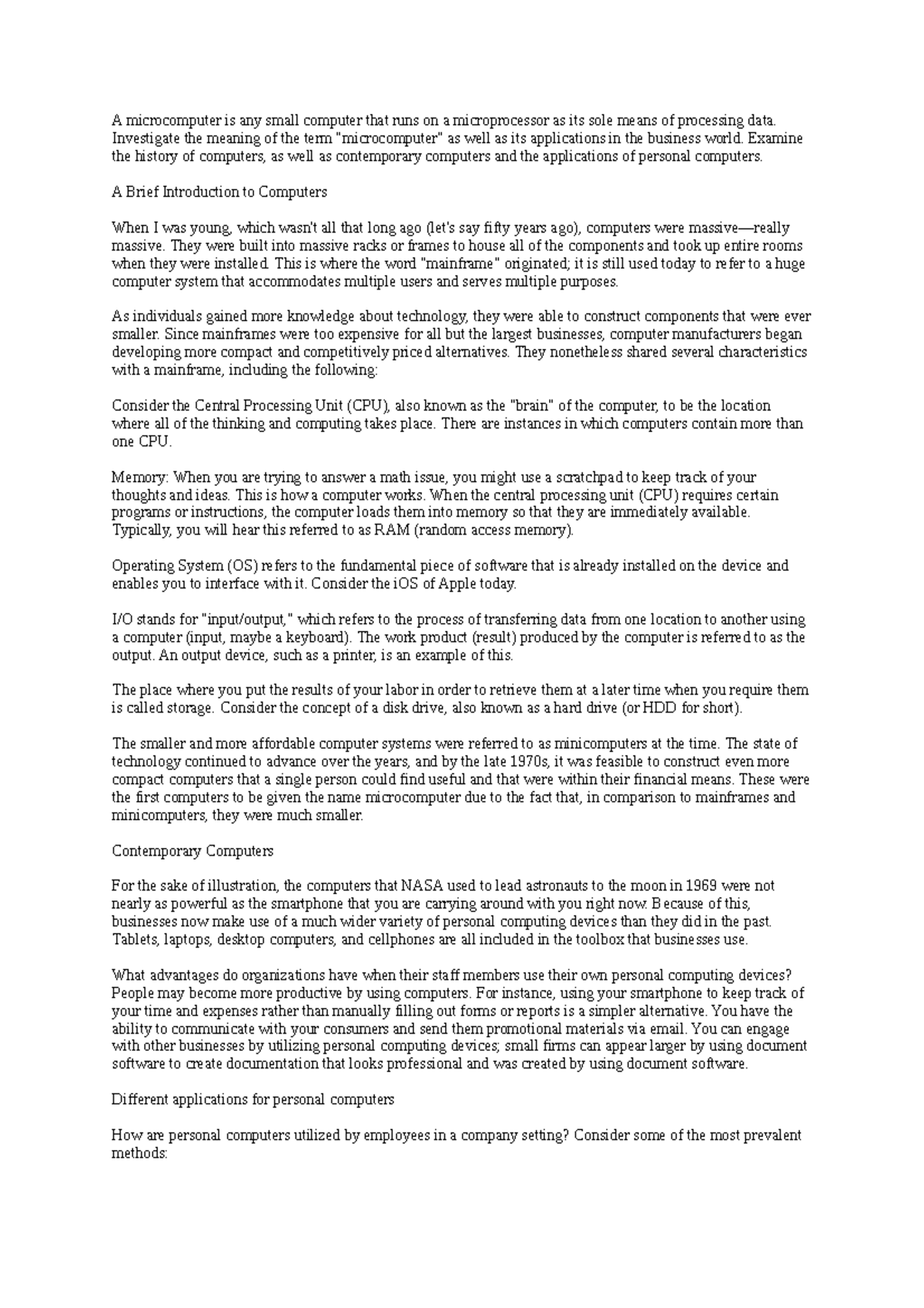 Microcomputers - A Brief Introduction to Computers - A microcomputer is ...