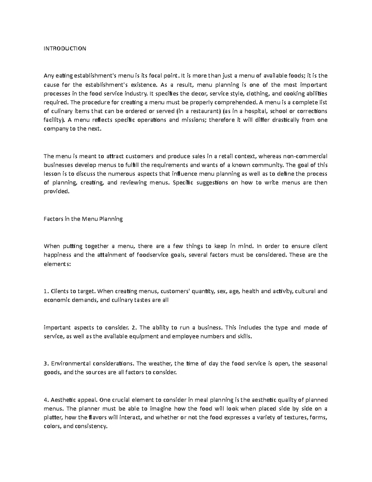 Chapter 5 The Menu - The Menu - INTRODUCTION Any eating establishment's ...