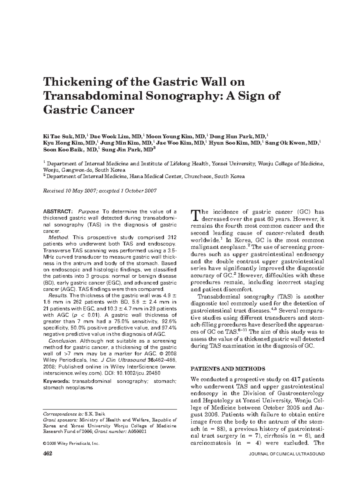 Suk2008 - Ghgj yyr yre - Thickening of the Gastric Wall on ...