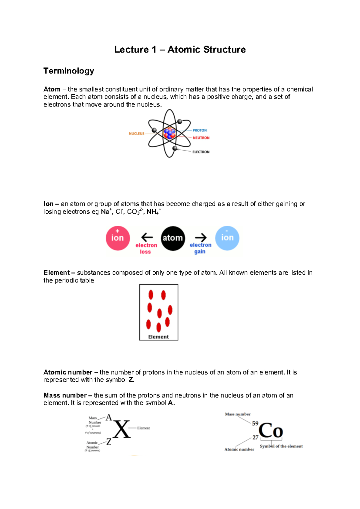 Lecture 1 Atomic Structure Lecture 1 Atomic Structure Terminology