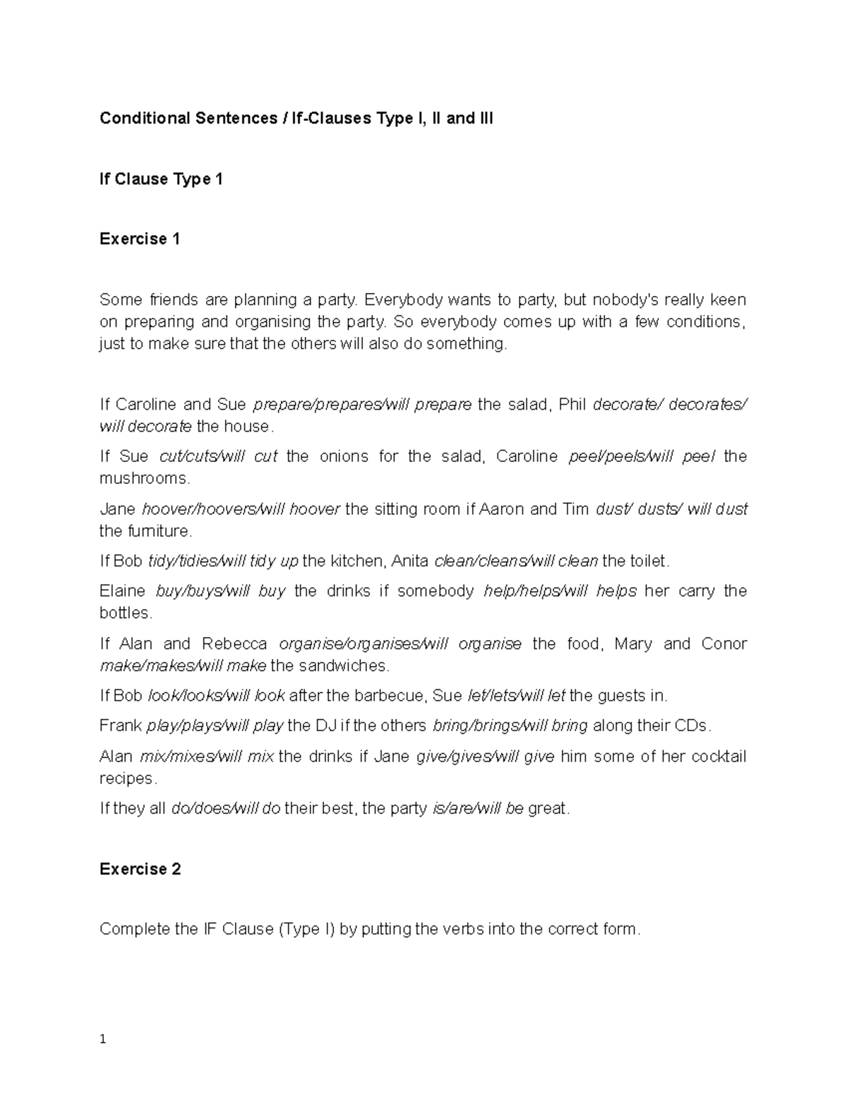 0 if clause practice grammar exercises - Conditional Sentences / If-Clauses Type I, II and III ...