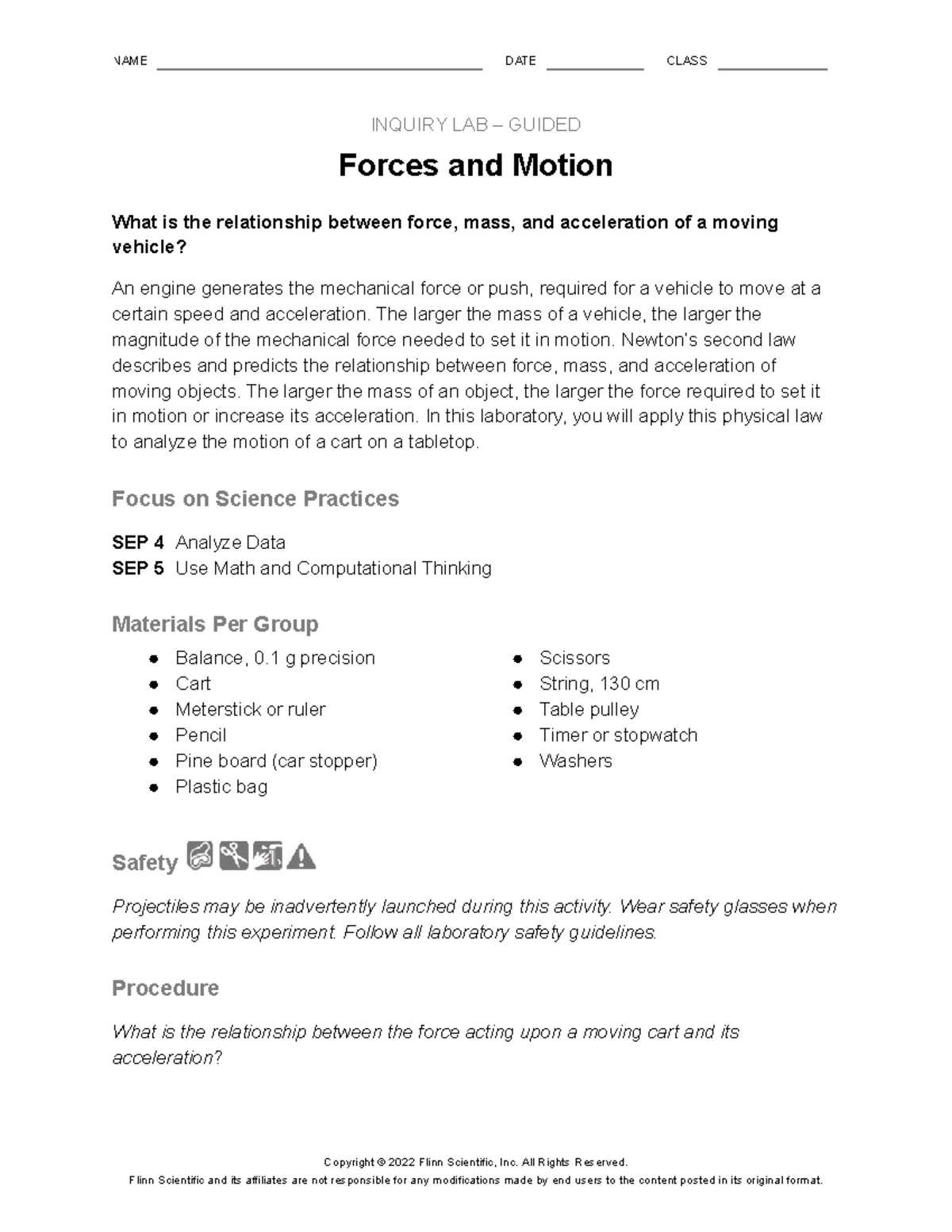 Forces and Motion Lab Guided Inquiry - INQUIRY LAB – GUIDED Forces and ...