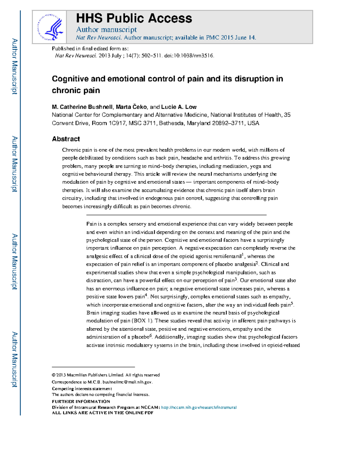 Bushnell - Cognitive and emotional control of pain and its disruption ...