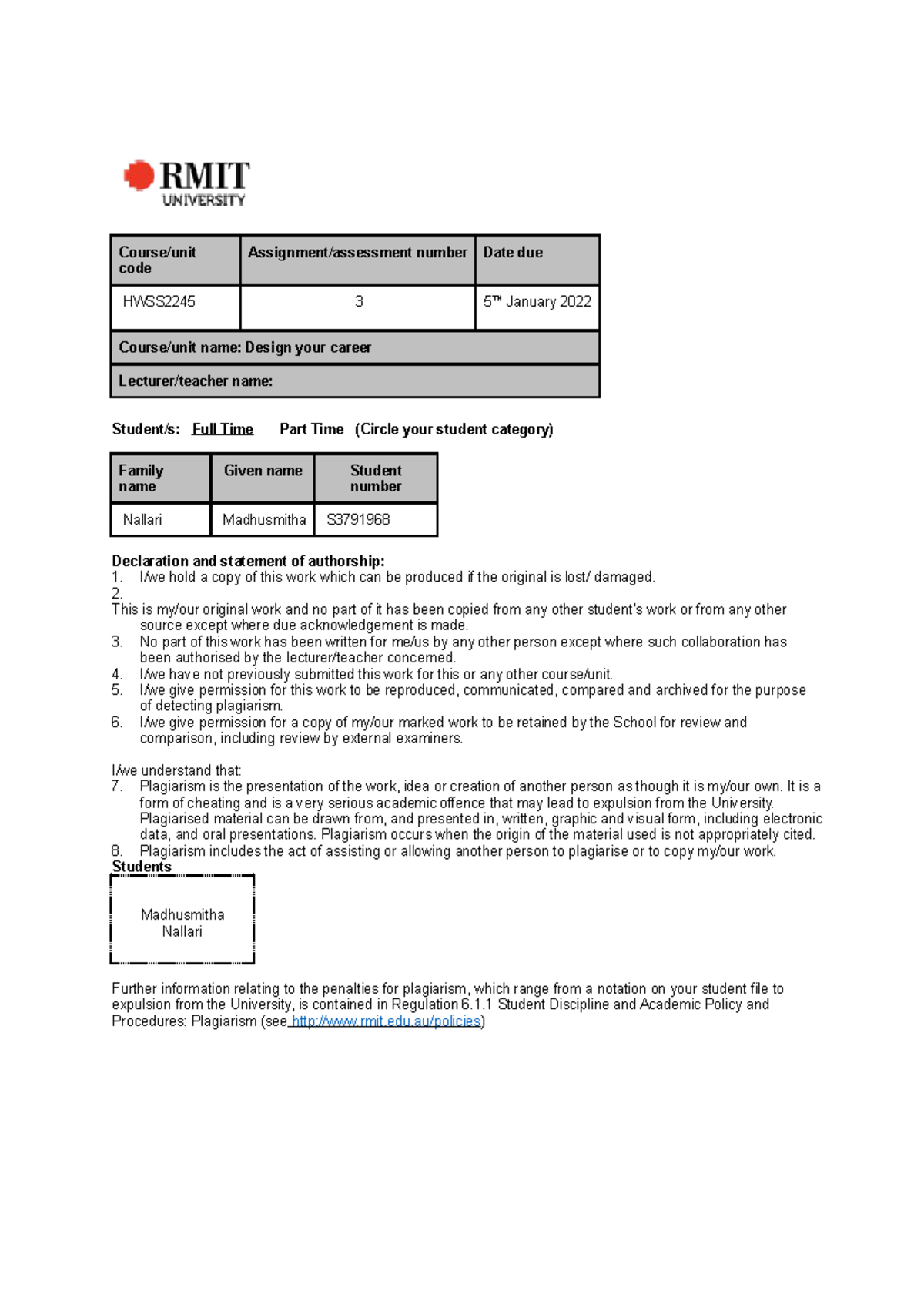 Career Design 3 - Final - Course/unit code Assignment/assessment number ...