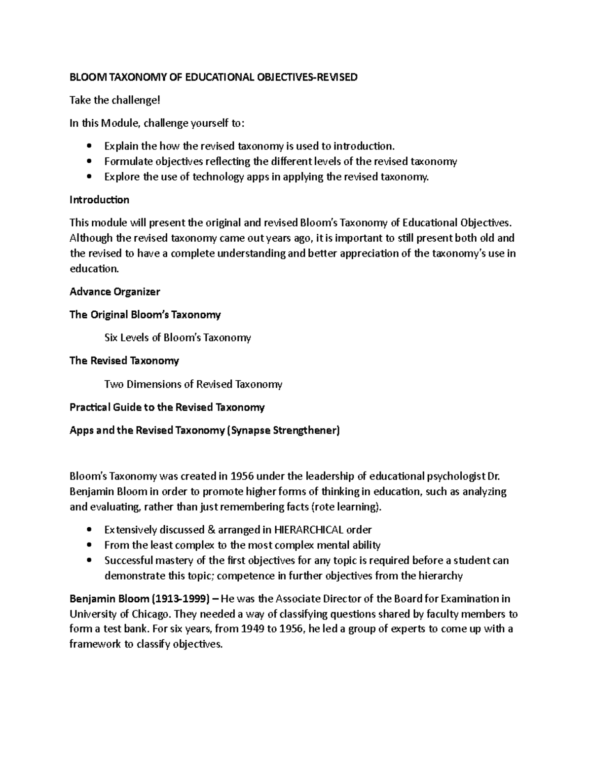 Old Taxonomy - BLOOM TAXONOMY OF EDUCATIONAL OBJECTIVES-REVISED Take ...
