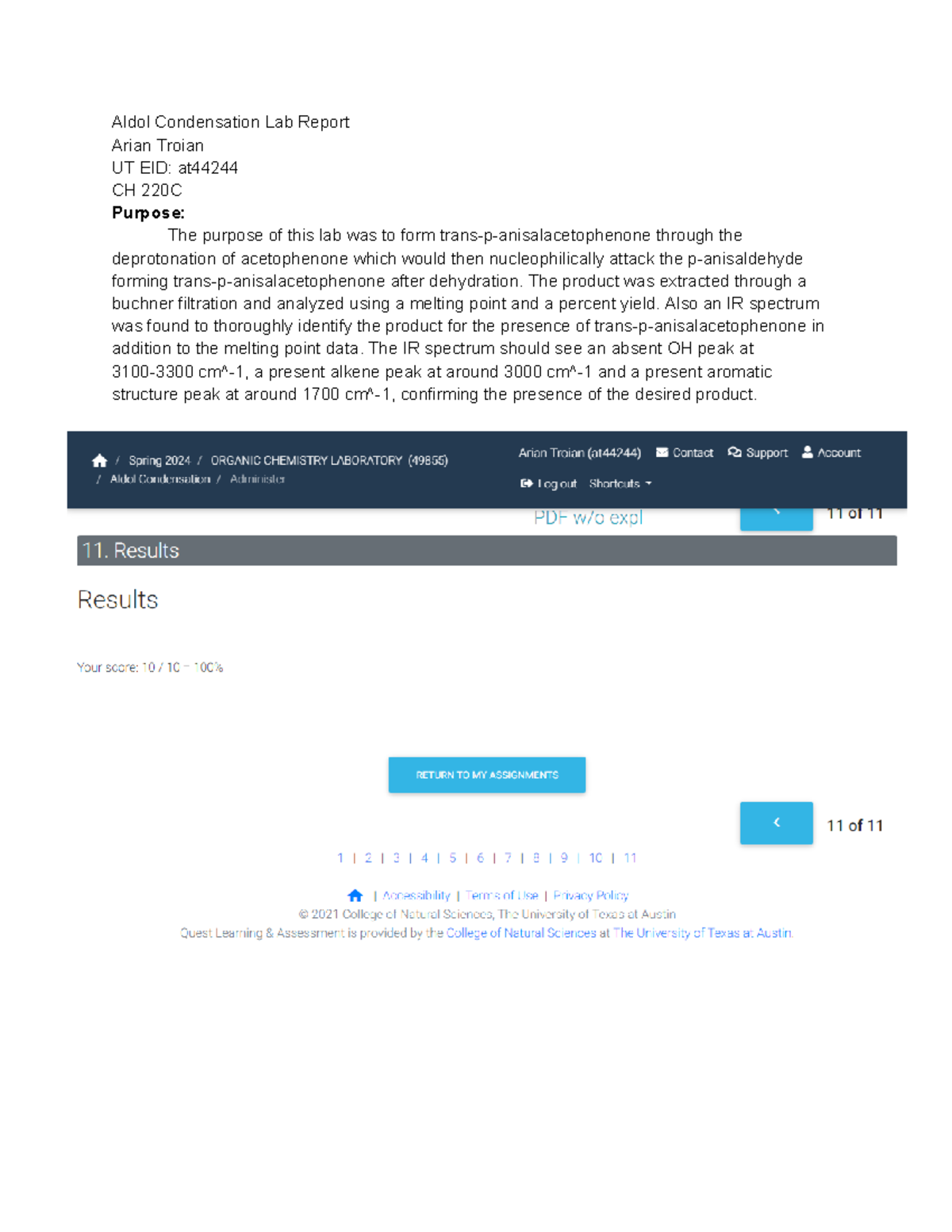 Aldol Condenstation Lab Report - Aldol Condensation Lab Report Arian Troian UT EID: at CH 220C ...
