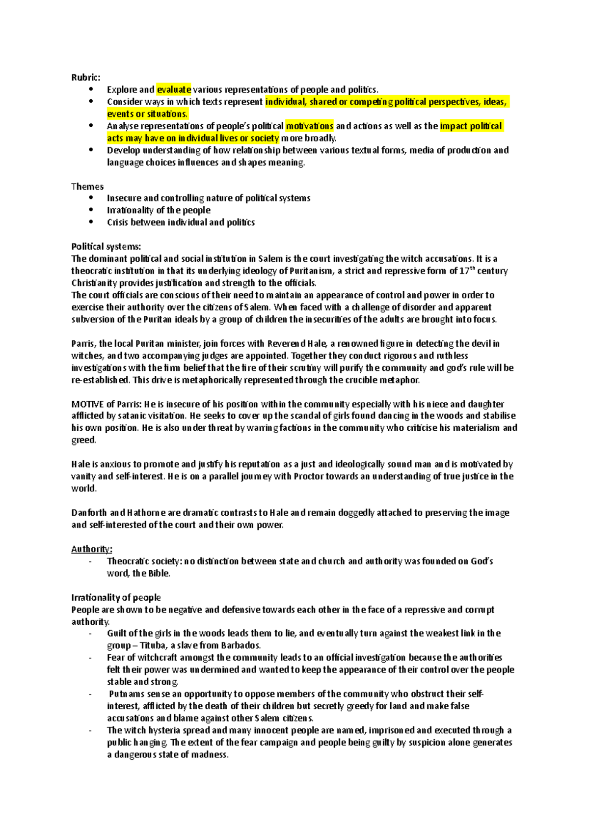 The Crucible Notes - Rubric: Explore and evaluate various ...
