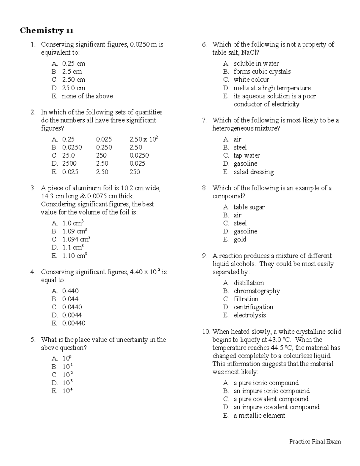 Chemistry 11 Practice Final Exam - Studocu
