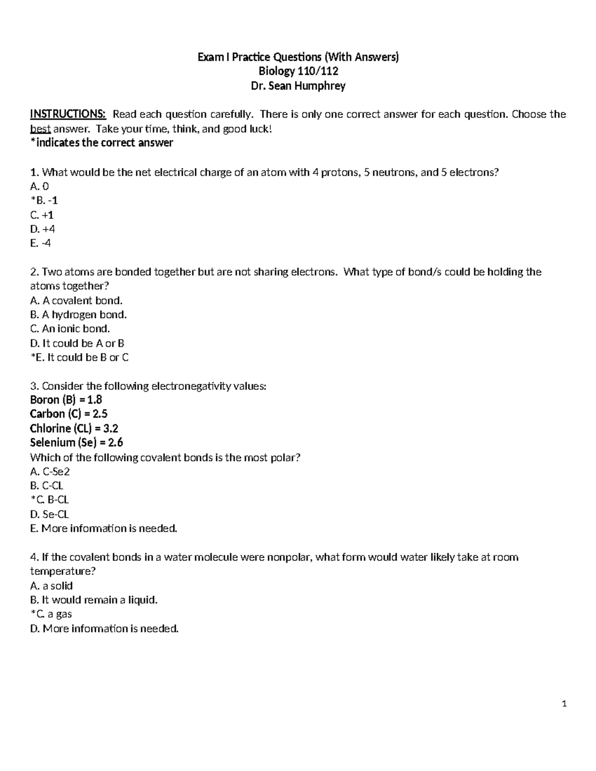 Exam 1 Practice Questions With Answers BIOL 110 112 - Exam I Practice ...