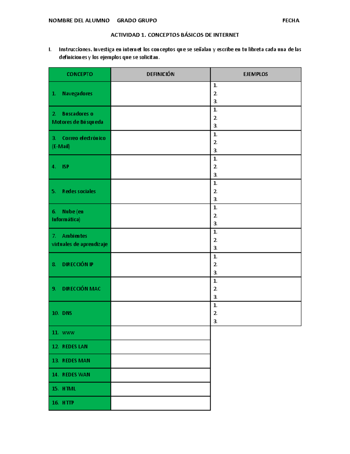 Actividad 1 - Conceptos Basicos de Internet - NOMBRE DEL ALUMNO GRADO GRUPO FECHA ACTIVIDAD 1 ...