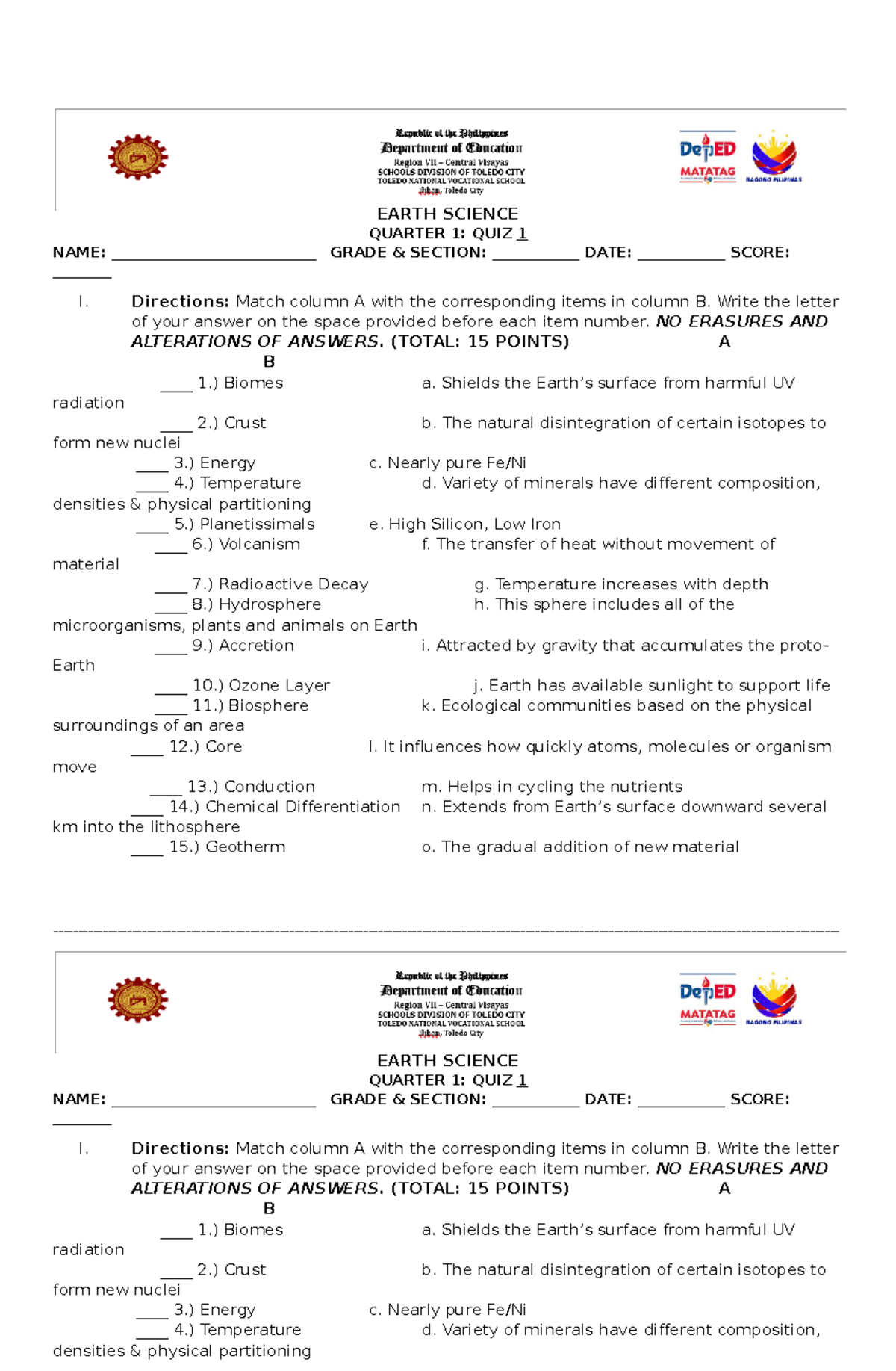 ES Q1 QUIZ#1 - MJKGH - EARTH SCIENCE QUARTER 1: QUIZ 1 NAME