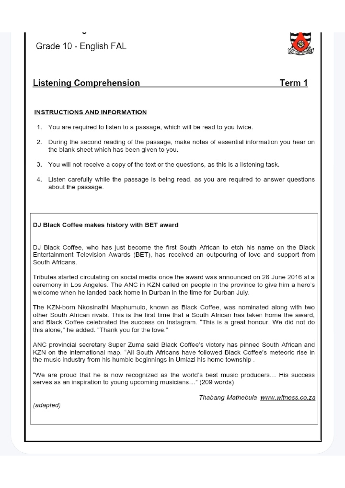 English task 1 grade 10 - Grade 10 English FAL Listening Comprehension ...