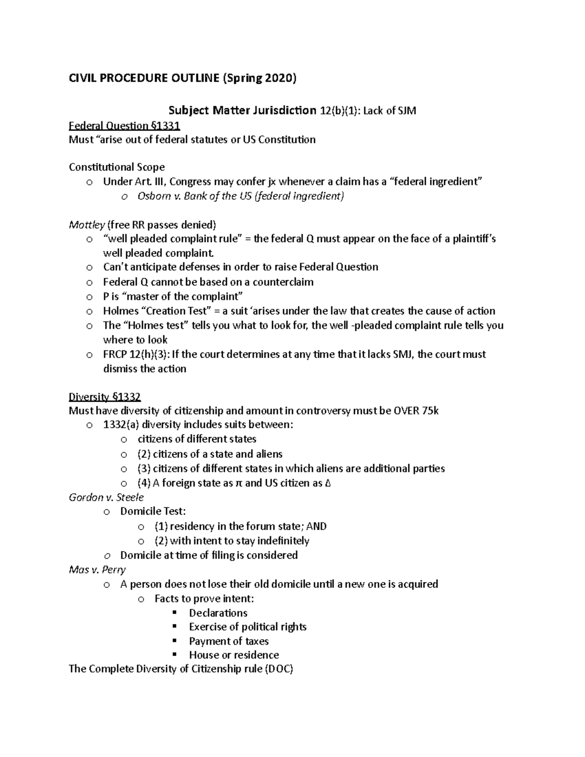 Civil Procedure Outline - CIVIL PROCEDURE OUTLINE (Spring 2020) Subject ...