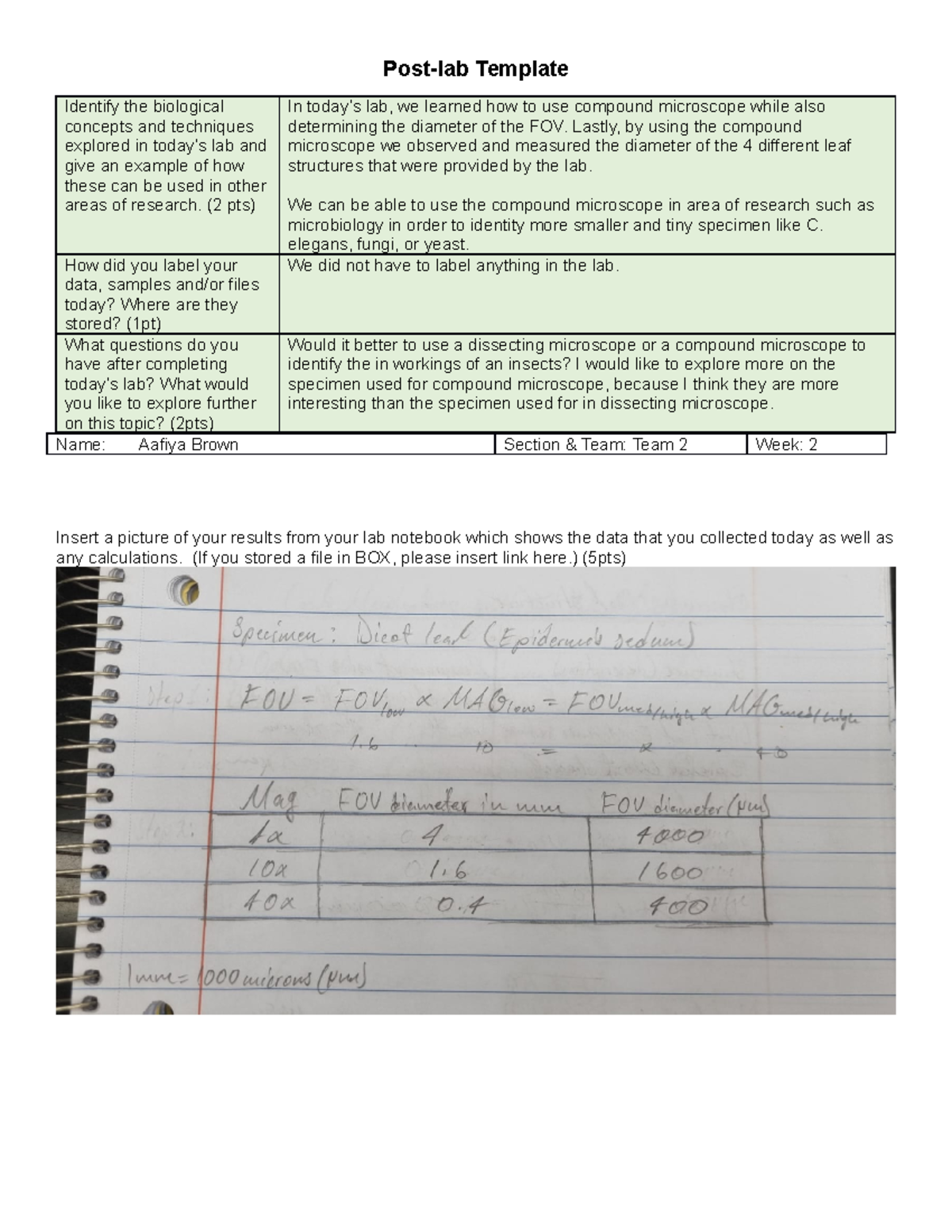 BIO 1105 Post-lab Assignment Day 2 (Summer) - Post-lab Template ...