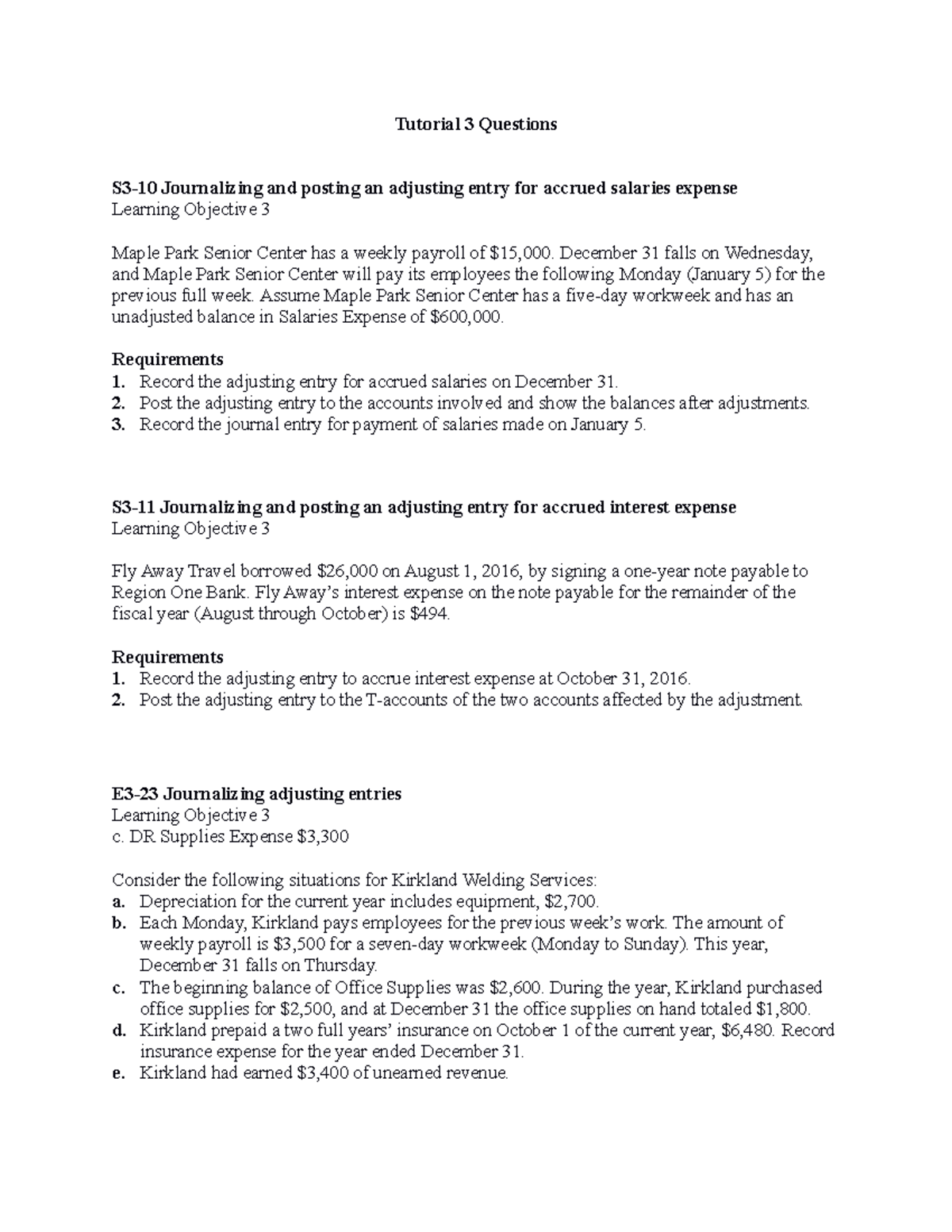 Tutorial 4 Qs - Lecture notes 1-10 - Tutorial 3 Questions S3-10 ...