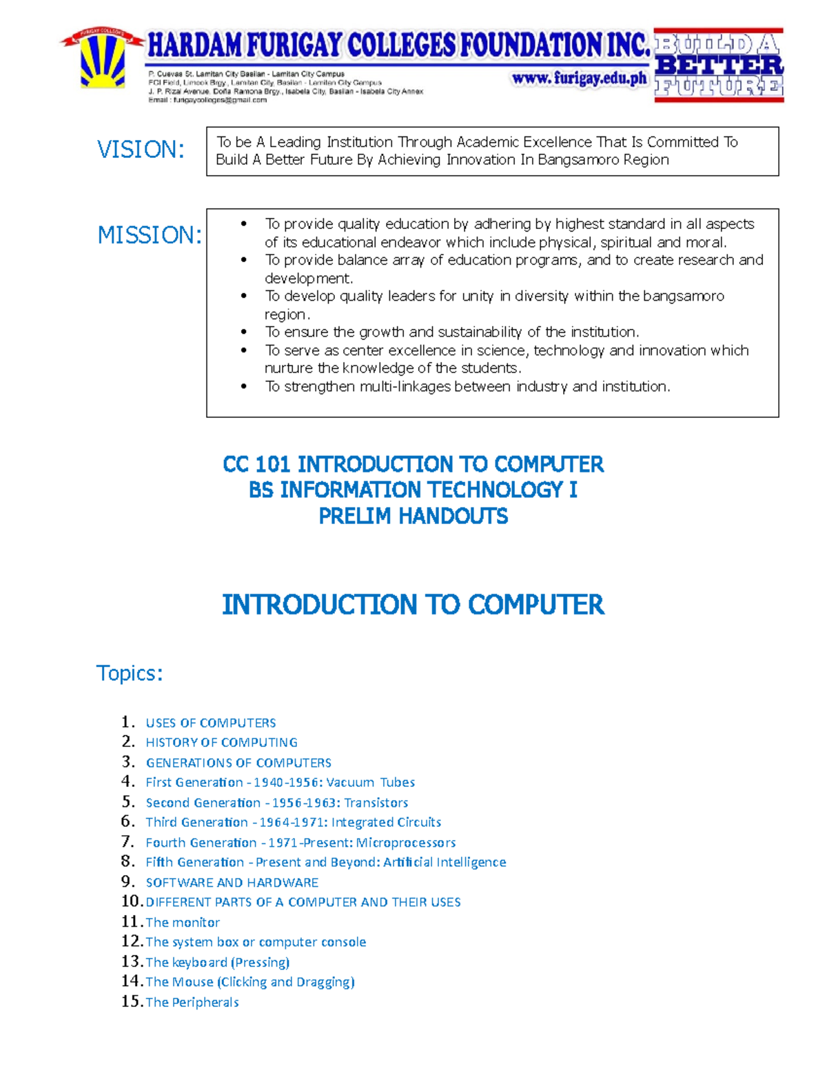 CC101- Basic- Computer - VISION: MISSION: CC 1 01 INTRODUCTION TO COMPUTER BS INFORMATION ...
