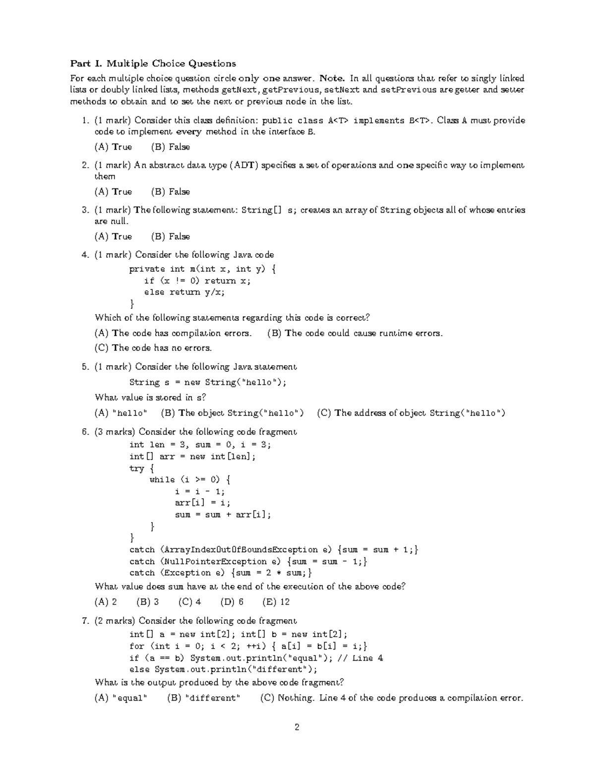 Old Midterm - Part I. Multiple Choice Questions For each multiple choice question circleonly ...