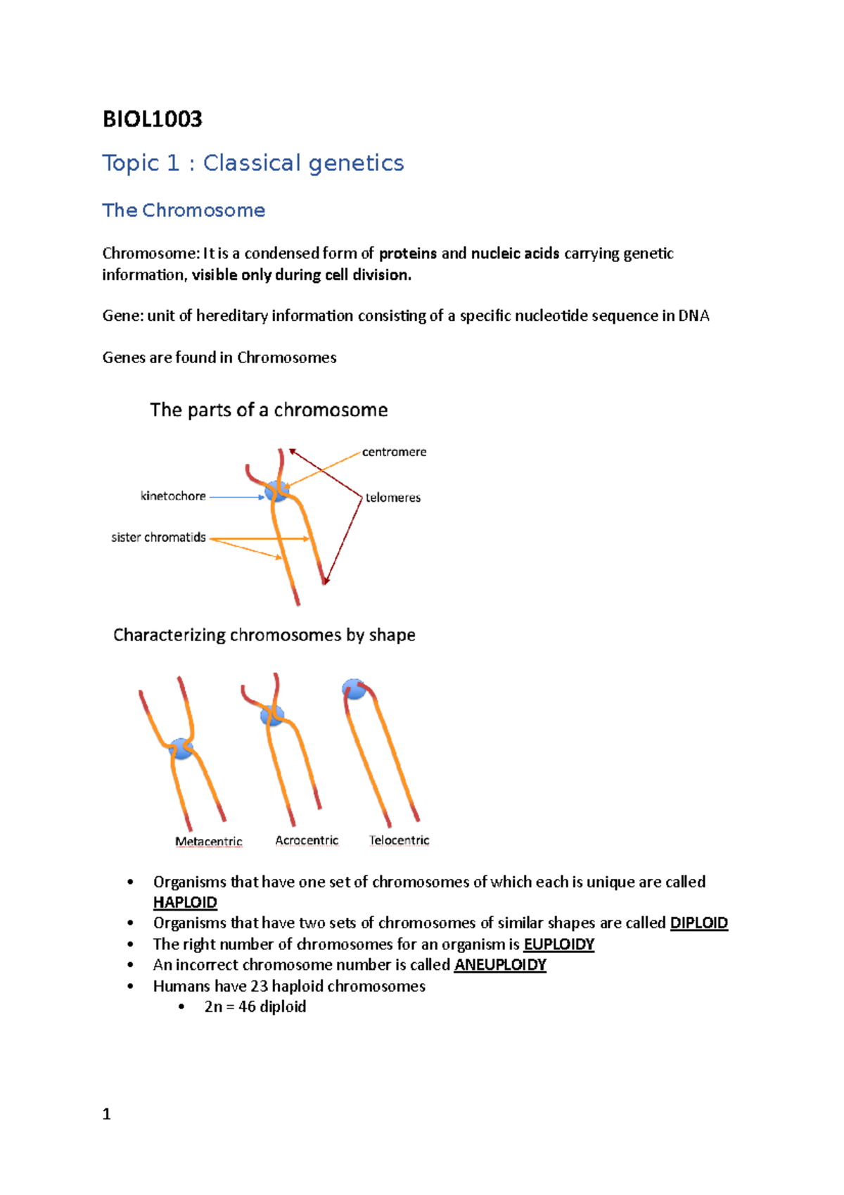 BIOL1003 Genetics notes - BIOL Topic 1 : Classical genetics The ...