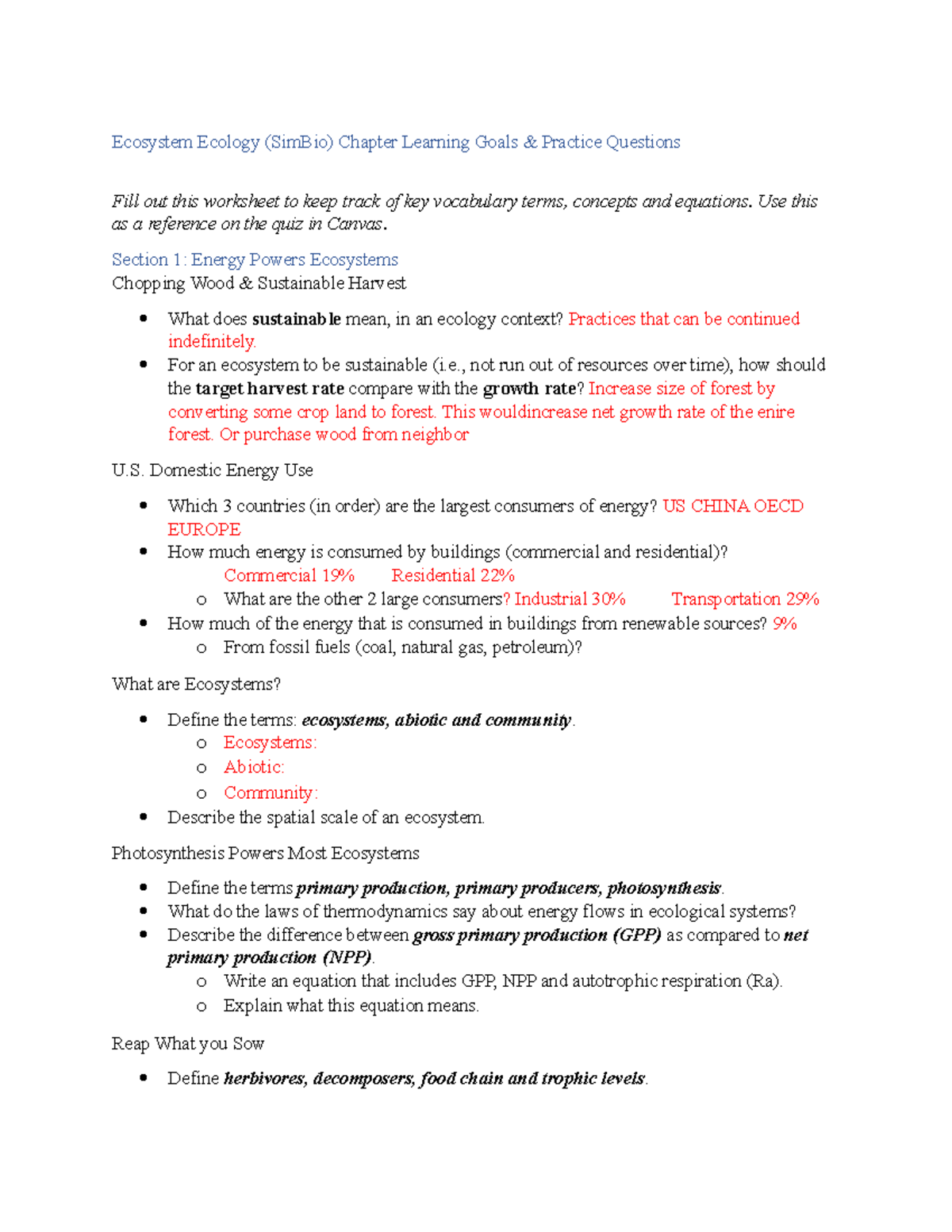 Ecosystem Ecology learning goals and practice questions - Ecosystem ...