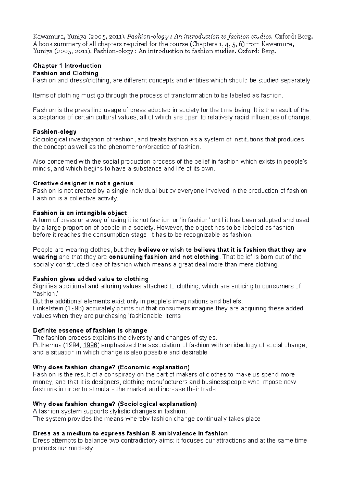 Summary - Book "Fashion-ology" - Kawamura, Yuniya (2005, 2011). Fashion ...