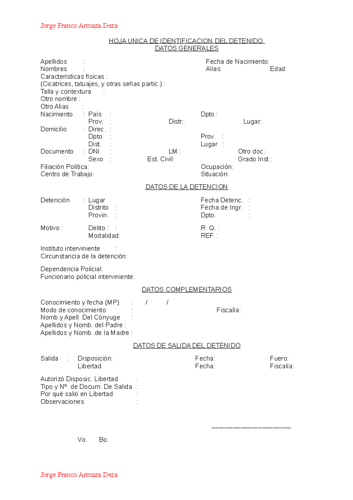 HOJA Unica DE Identificacion DEL Detenido Formato - Jorge Franco Armaza ...