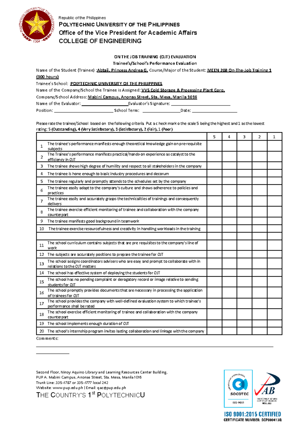 ME Trainee Performance Evaluation.docx (1) - Republic of the ...