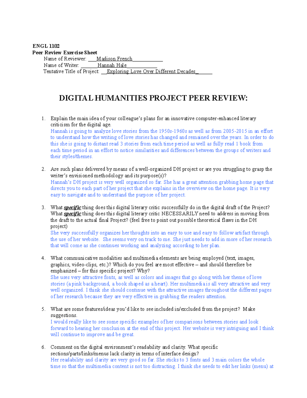 Digital Draft Peer Reivew - ENGL 1102 Peer Review Exercise Sheet Name ...