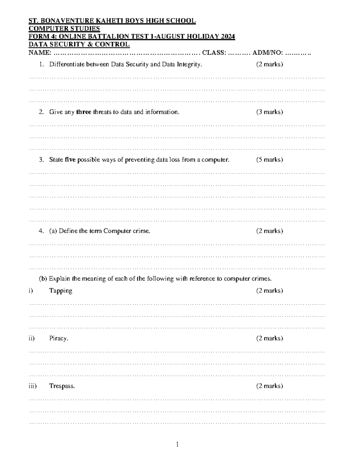 Computer Studies- BAT 4 - 1 ST. BONAVENTURE KAHETI BOYS HIGH SCHOOL ...