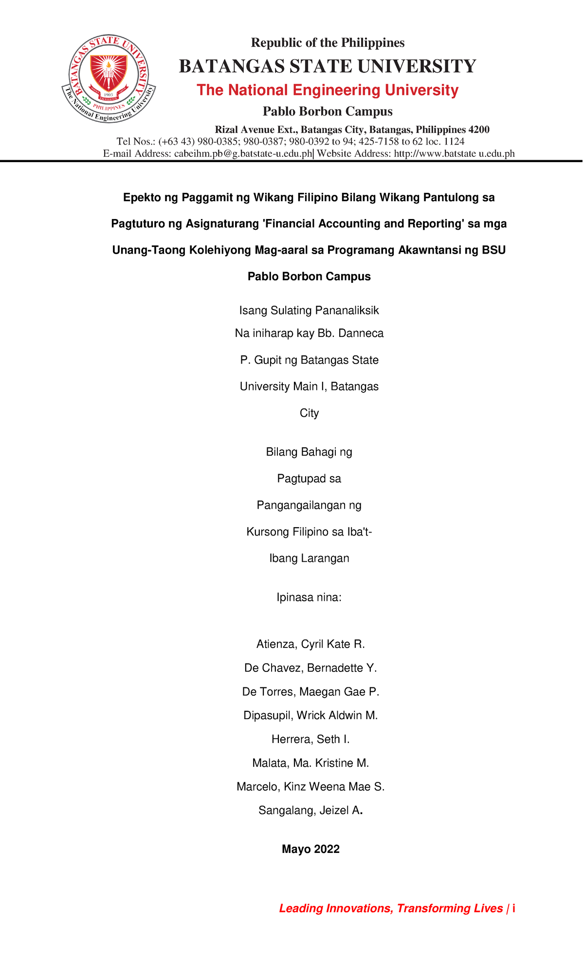 Pananaliksik ( Malapit NA Maging Final) - BATANGAS STATE UNIVERSITY The ...
