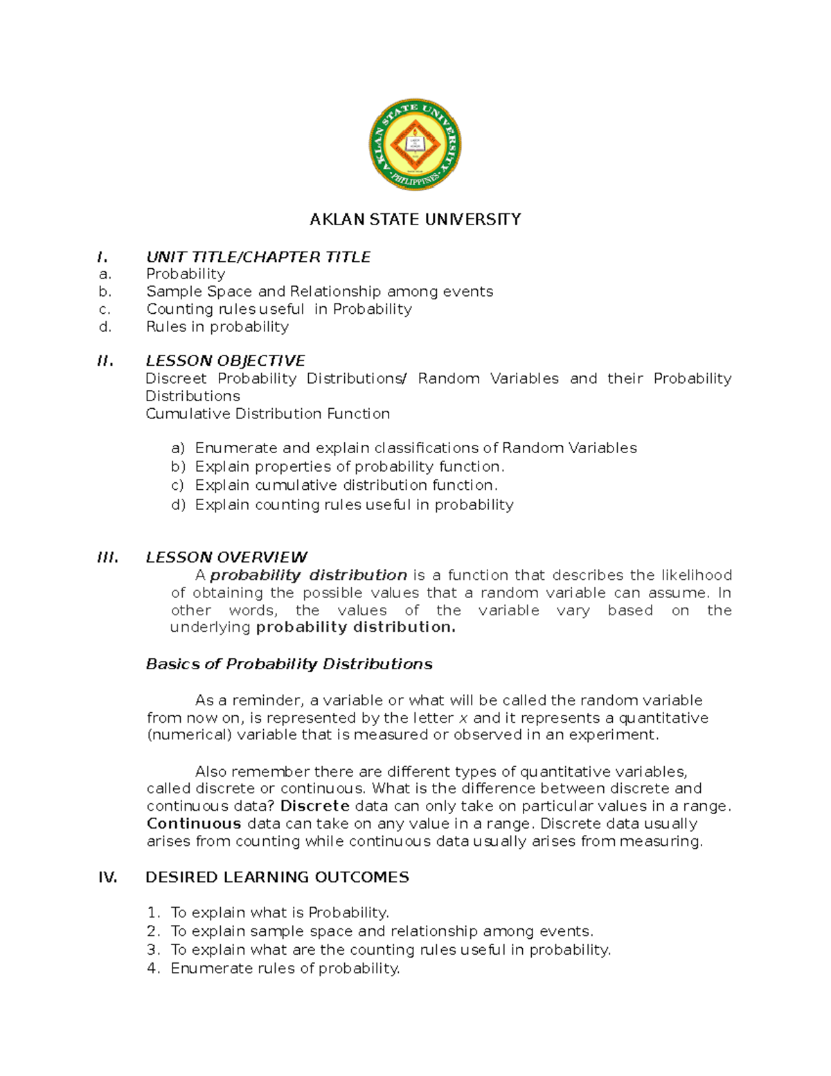 Engineering Data Analysis 1- Probability - AKLAN STATE UNIVERSITY I. UNIT TITLE/CHAPTER TITLE a ...