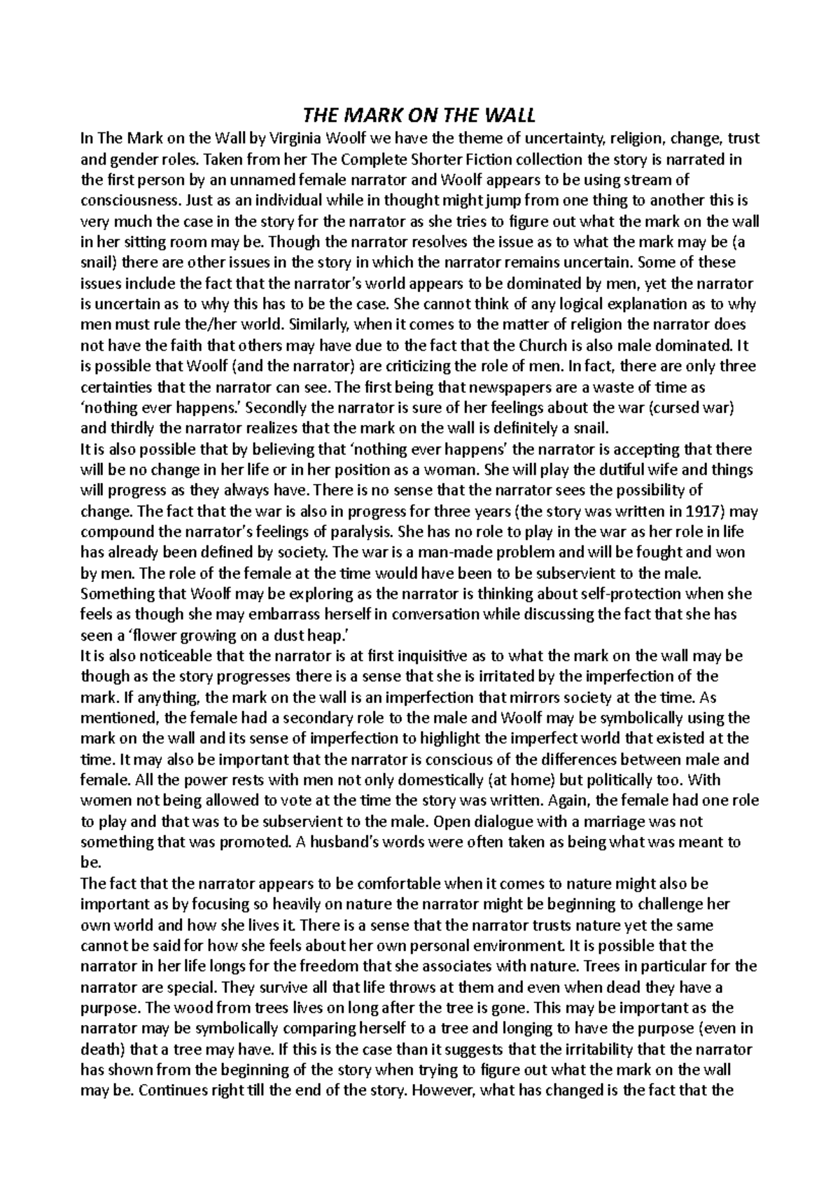 THE MARK ON THE WALL - Testo per esame - THE MARK ON THE WALL In The ...