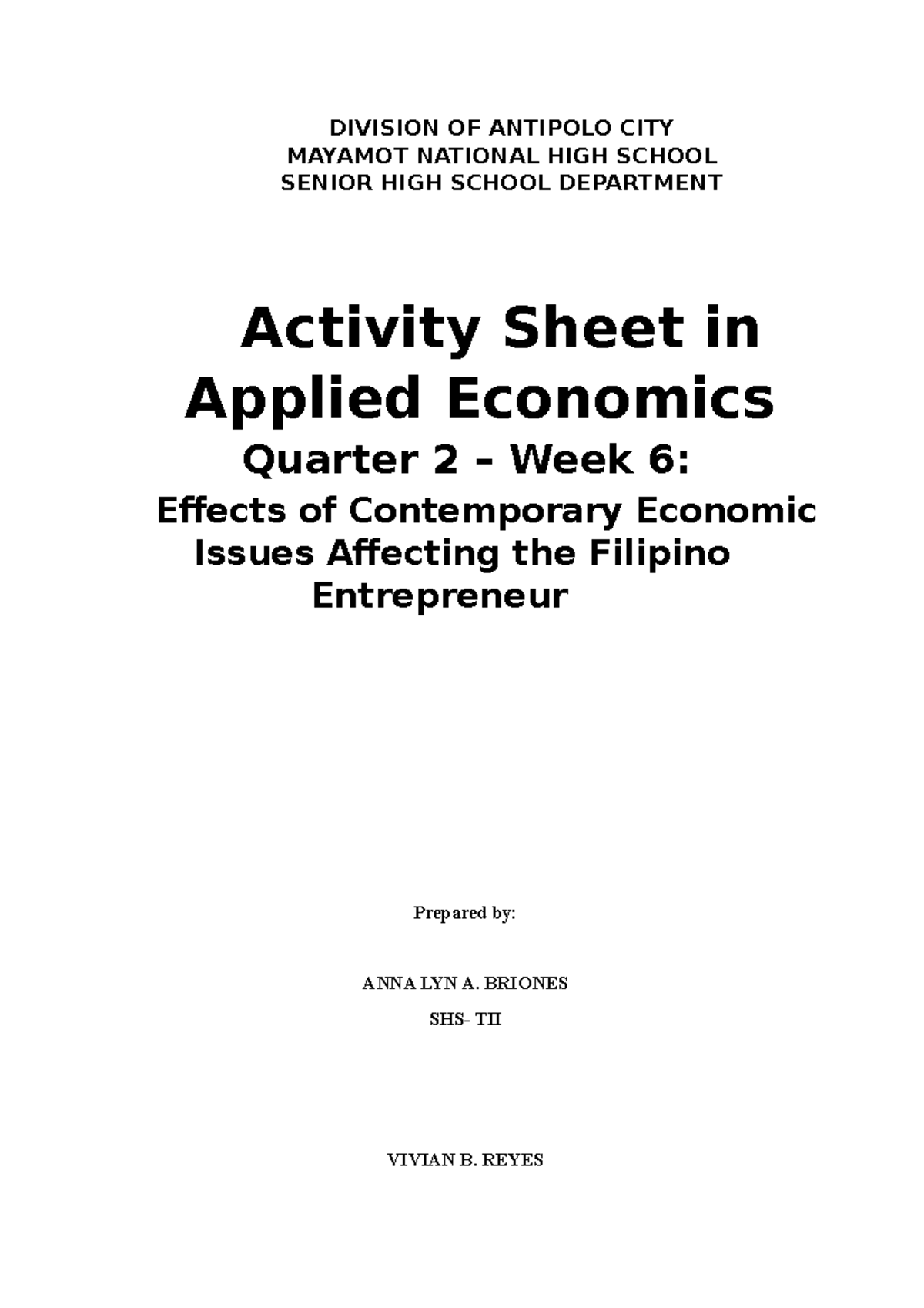 Applied economic quarter 2 module 6 week6 - ####### DIVISION OF ...