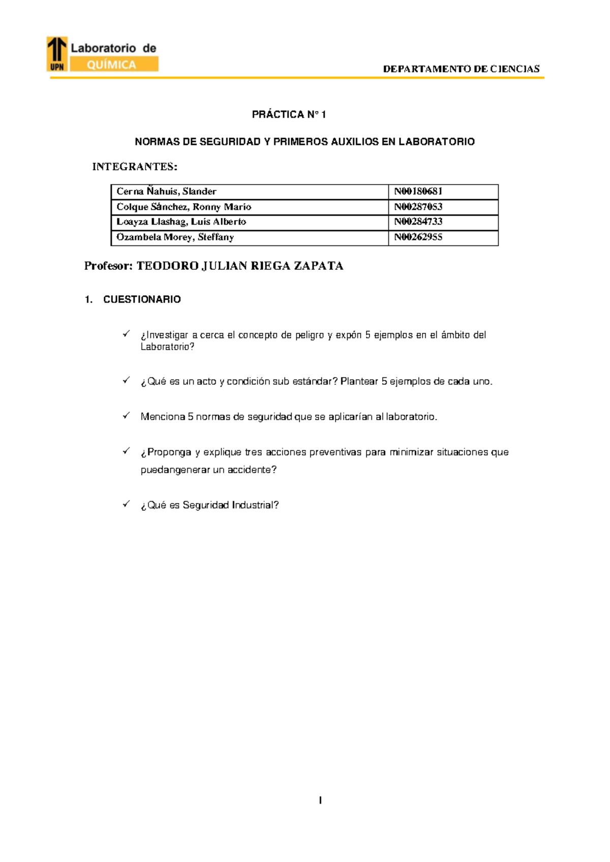 Práctica N° 1 - Normas DE Seguridad Y Primeros Auxilios EN Laboratorio - DEPARTAMENTO DE ...
