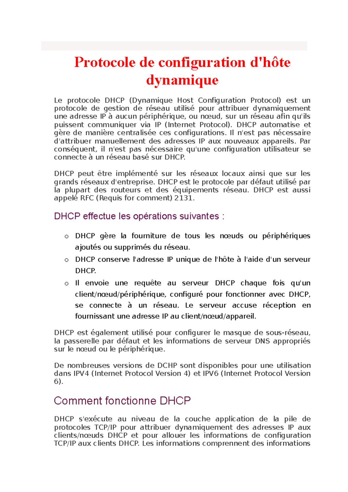 Dhcp cour - cour dhcp - Protocole de configuration d'hôte dynamique Le protocole DHCP (Dynamique ...