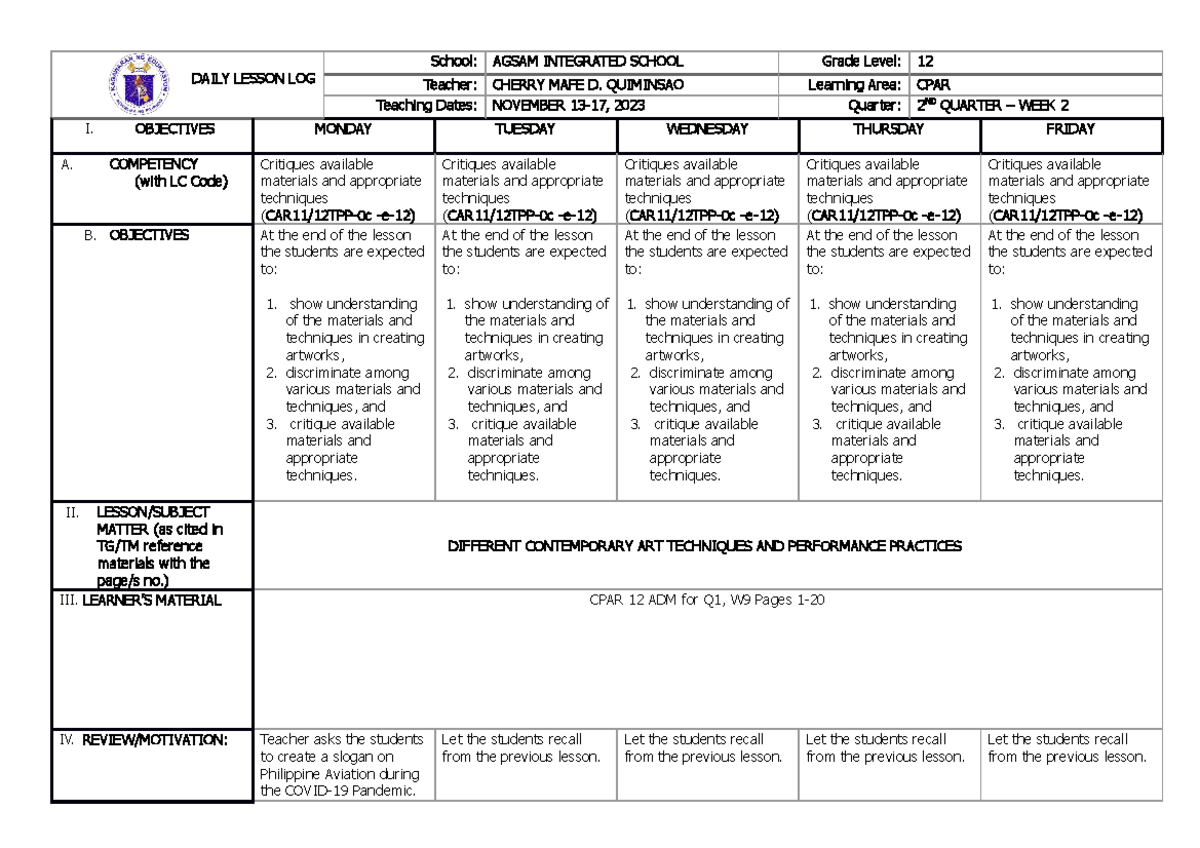 CPAR -Q2 WEEK 3 - LESSON PLAN - DAILY LESSON LOG School: AGSAM ...