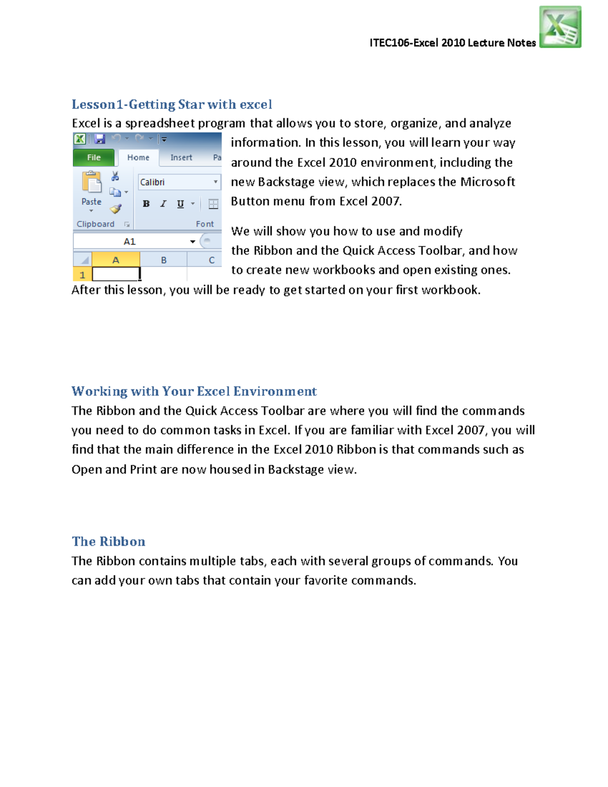 Excel 1 - Lesson1-Getting Star with excel Excel is a spreadsheet ...