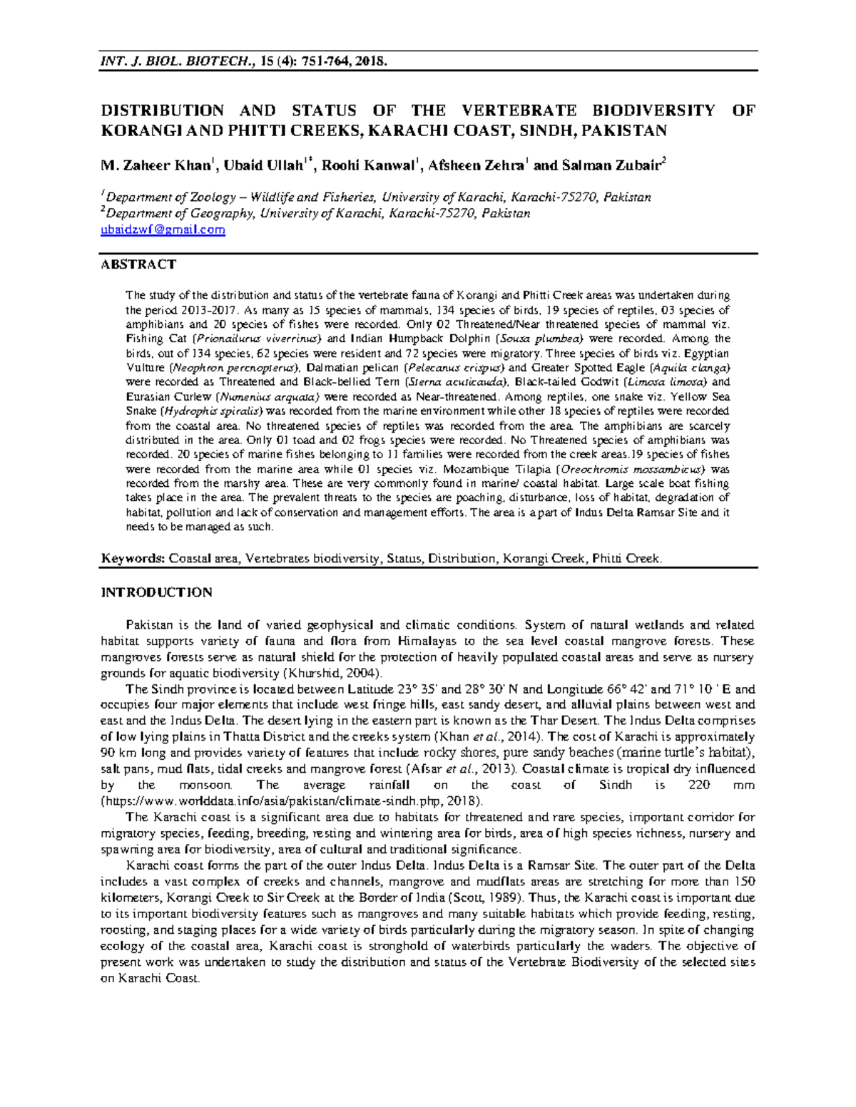 Distribution AND Status OF THE Vertebrate Biodiversity OF Korangi AND ...