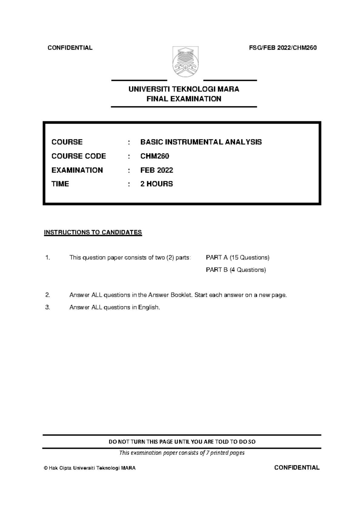 Final EXAM - FEB 2022 - UNIVERSITI TEKNOLOGI MARA FINAL EXAMINATION COURSE : BASIC INSTRUMENTAL ...