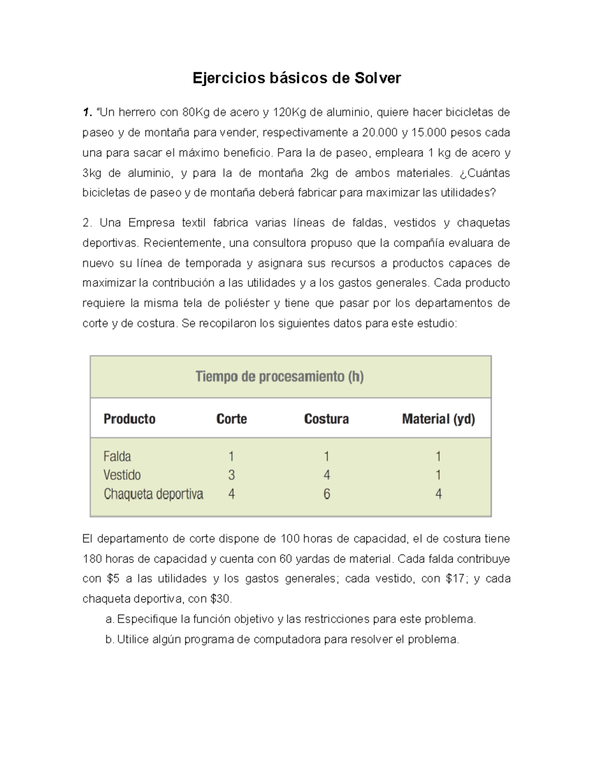Ejercicios de Solver - Ejercicios básicos de Solver “Un herrero con 80Kg de acero y 120Kg de ...