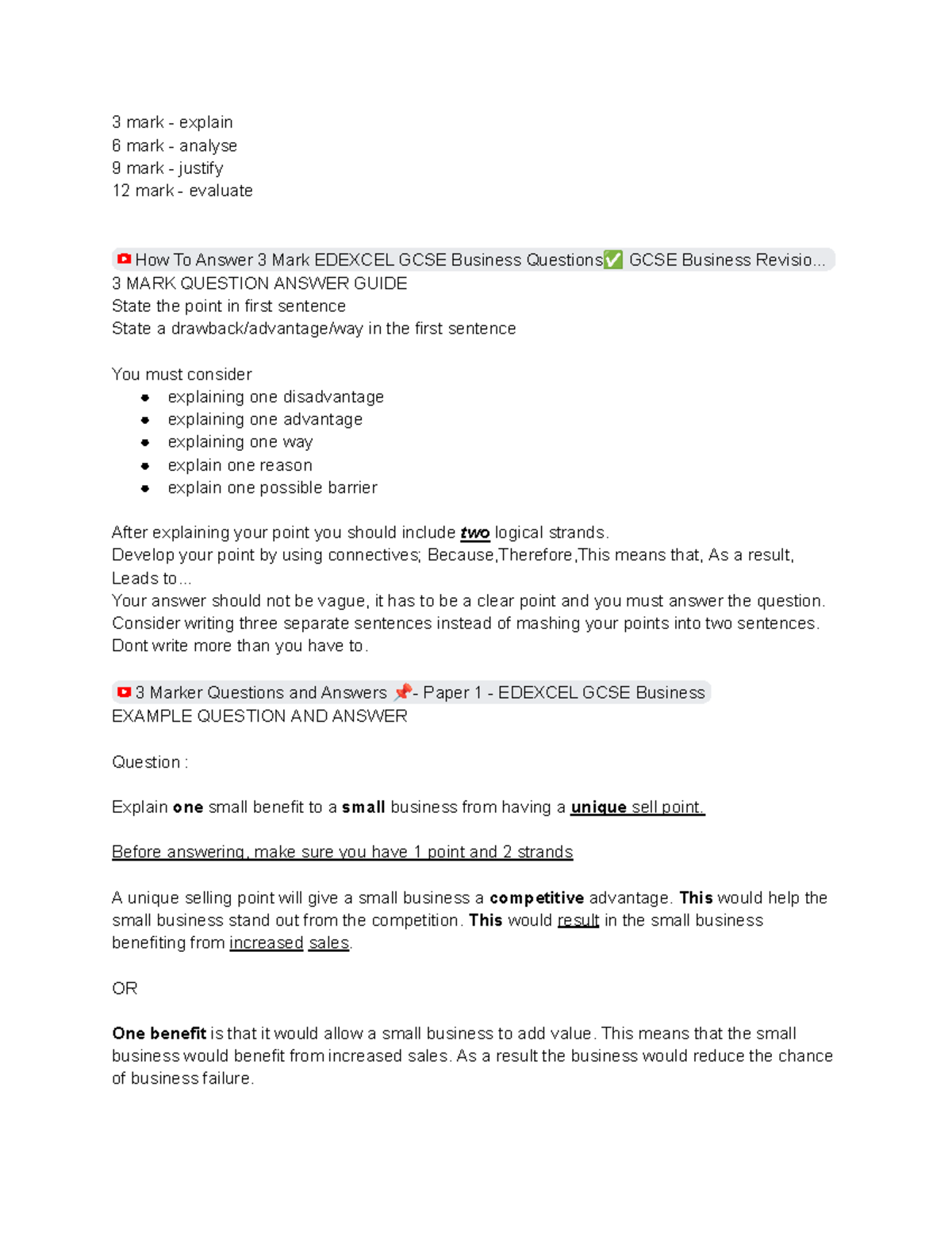 Copy of business Qs - 3 mark - explain 6 mark - analyse 9 mark ...