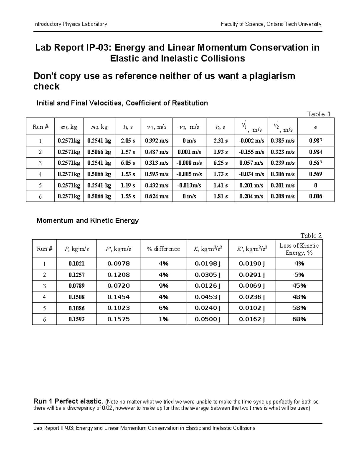 Example Momentum Report - Lab Report IP-03: Energy and Linear Momentum ...