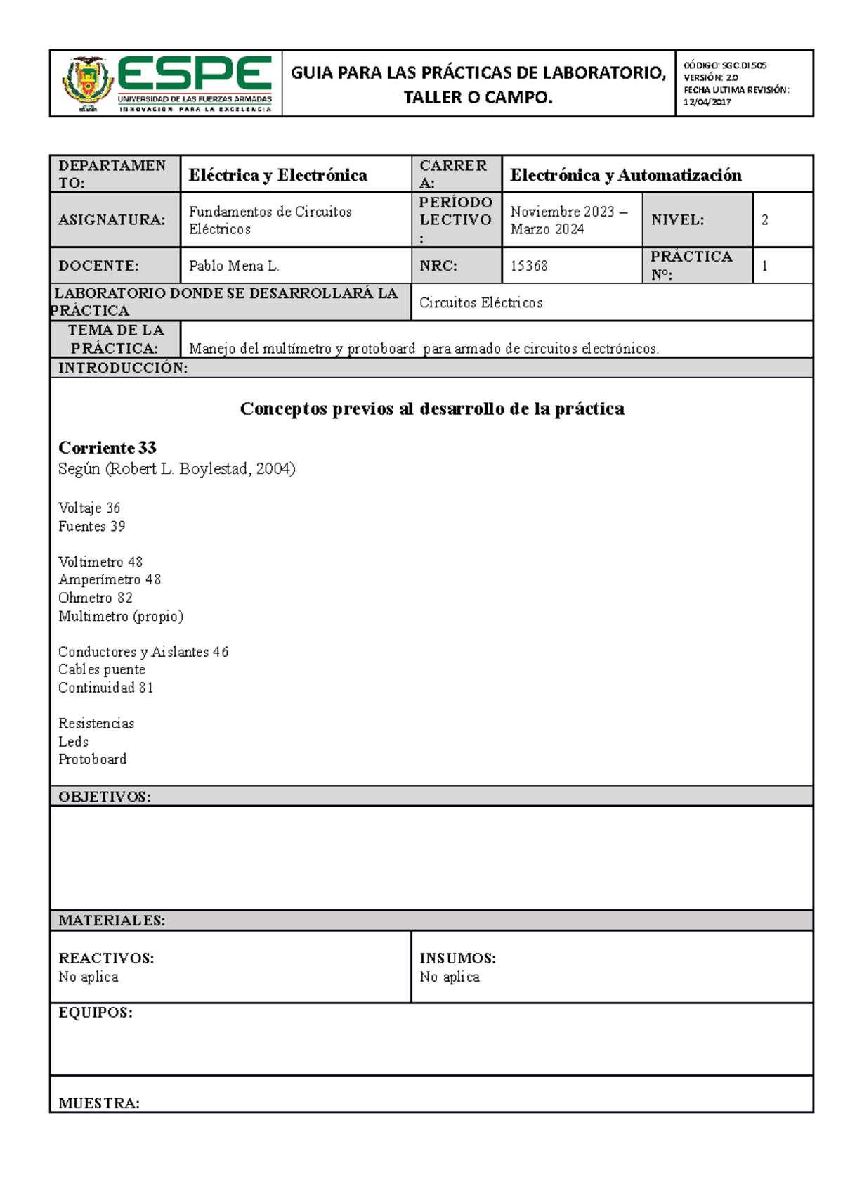 Formato Laboratorios - GUIA PARA LAS PRÁCTICAS DE LABORATORIO, TALLER O CAMPO. CÓDIGO: SGC ...