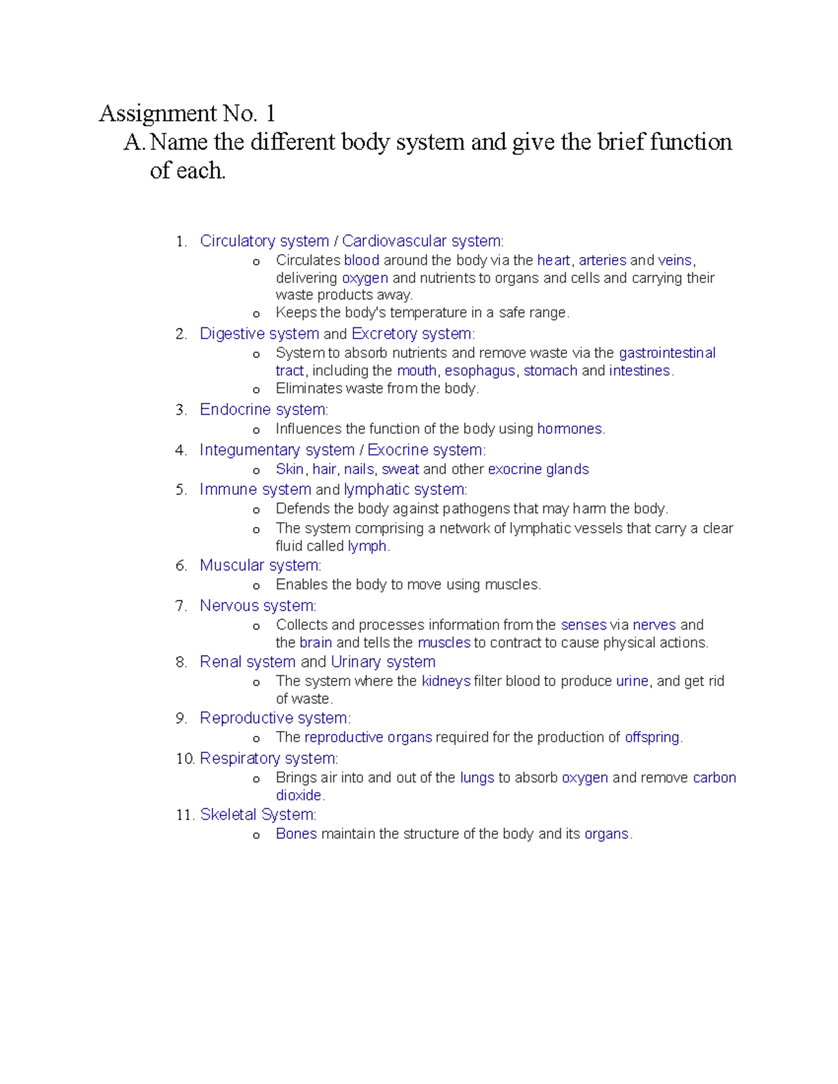 Assignment No. 1 - 1111 - Assignment No. 1 A the different body system ...
