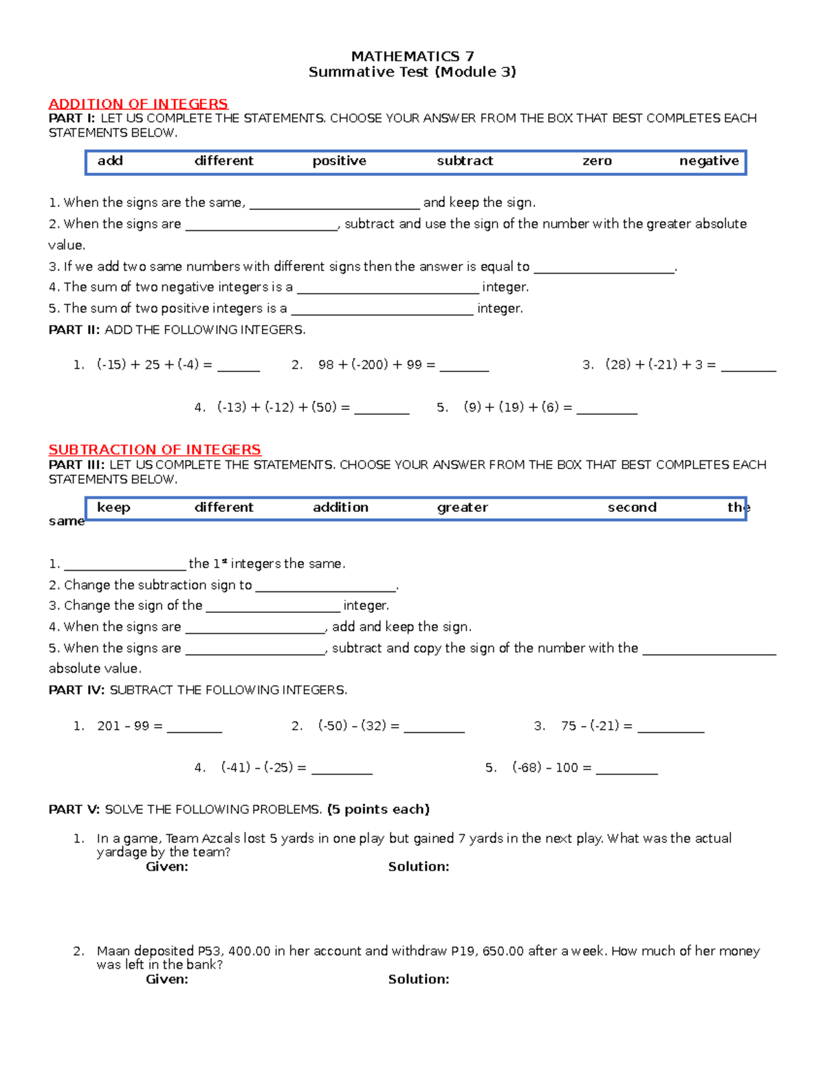 MATH 7 summative test (module 3) - MATHEMATICS 7 Summative Test (Module ...