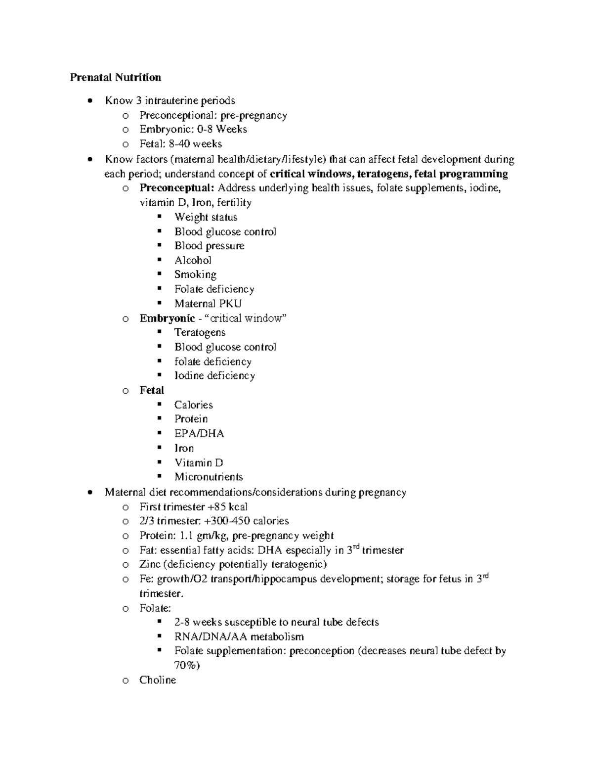 Pediatric Midterm Outline - Prenatal Nutrition Know 3 intrauterine ...