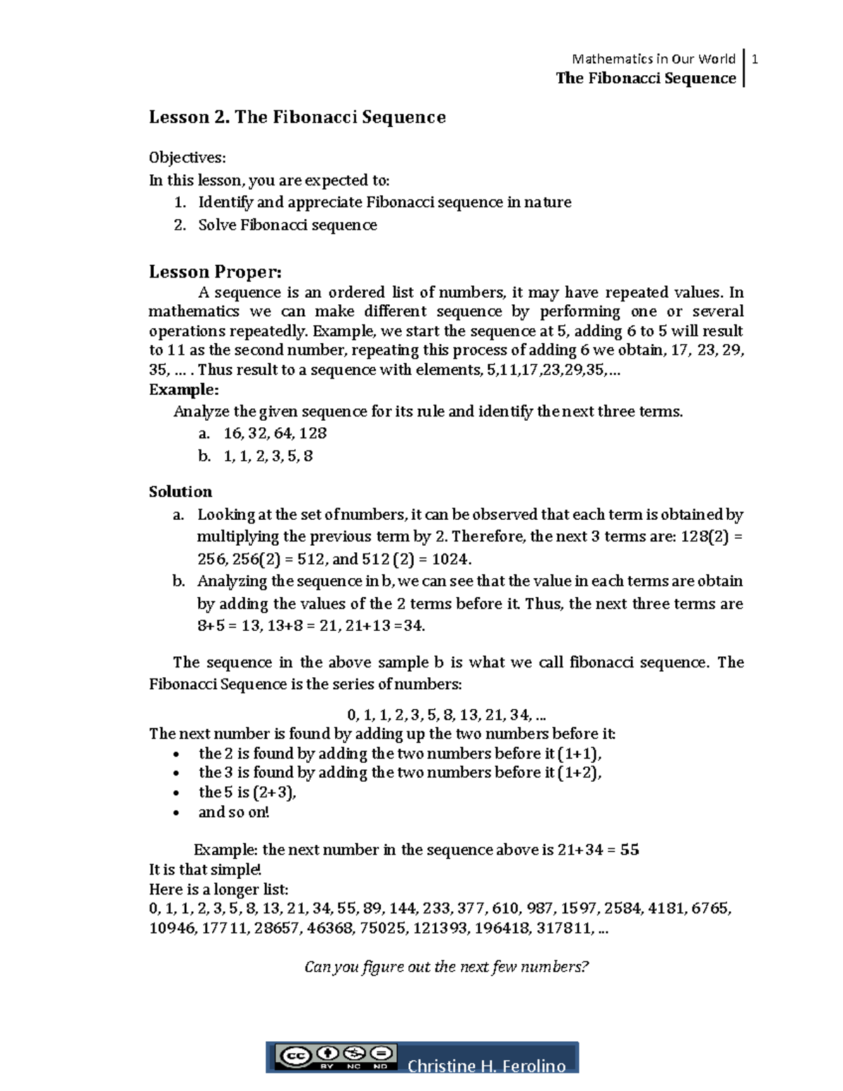Lesson 2 Fibonacci Sequence - The Fibonacci Sequence Lesson 2. The Fibonacci Sequence Objectives ...