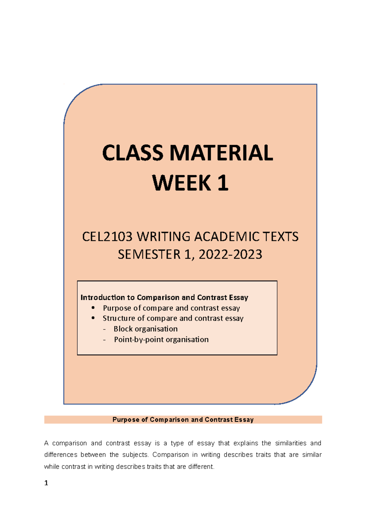 Class Material WEEK 1 - Purpose of Comparison and Contrast Essay A ...